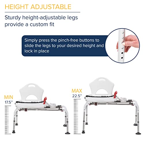 Drive Medical RTL12075 Adjustable Height Sliding Bathtub Transfer Bench Shower Chair with Armrests and Seatbelt, 300 Pound Weight Capacity, White