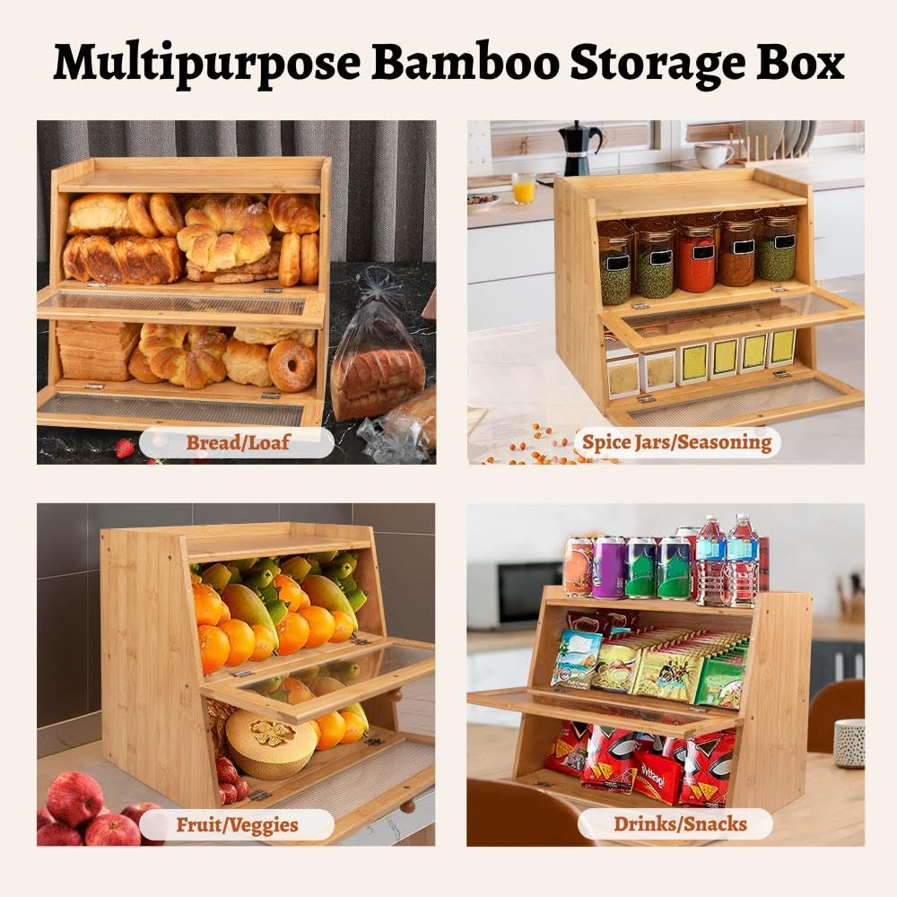 Beavtaens Bread Box, Bamboo Bread Box for Kitchen Countertop, Large Capacity Bread Storage, Bread Container for Kitchen Corner & Living Room & Dining Table (Natural Wood)