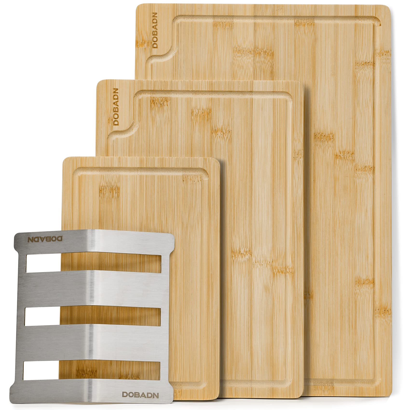 DOBADN Bamboo Cutting Board Set for Kitchen,(Set of 3)Chopping Boards with Juice Groove,Natural Wood Cutting Boards with Stainless Steel Holder,Cutting Board Set for Butcher Block,Cheese,Vegetables