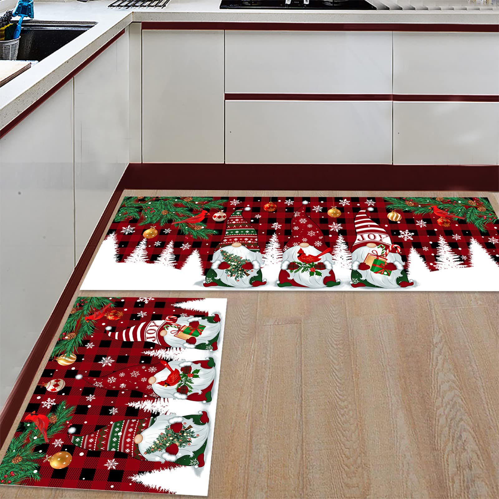 Christmas Gnome Kitchen Rugs and Mats Set of 2 Snowflake Red and Black Buffalo Plaid Xmas Kitchen Mat,Non-Slip Area Runner Rug,Washable Floor Mat for Home Dining Room Office 16x24in+16x47in