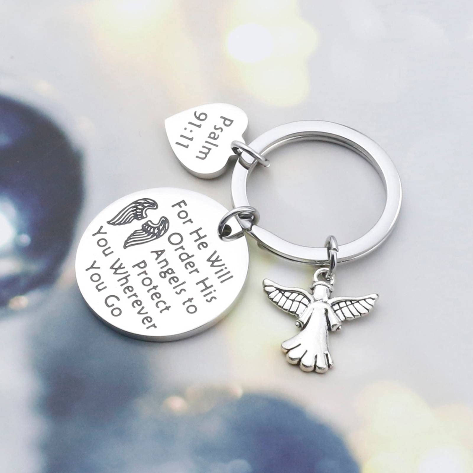 Bible Verse Keychain for He Will Order His Angels to Protect You Wherever You Go Religious Jewelry Christian Gift (silver)