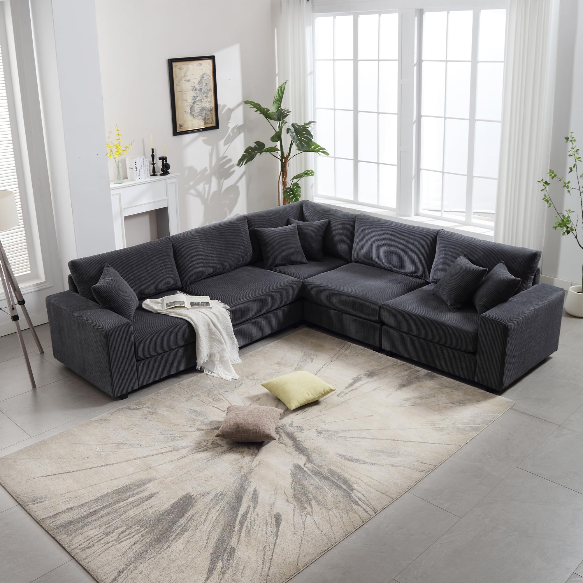 Familymill 117.2'' Oversized Symmetrical Modular Sectional Couches Set, Corduroy Upholstered Deep Seat Corner Sofa for Living Room (Dark Gray)