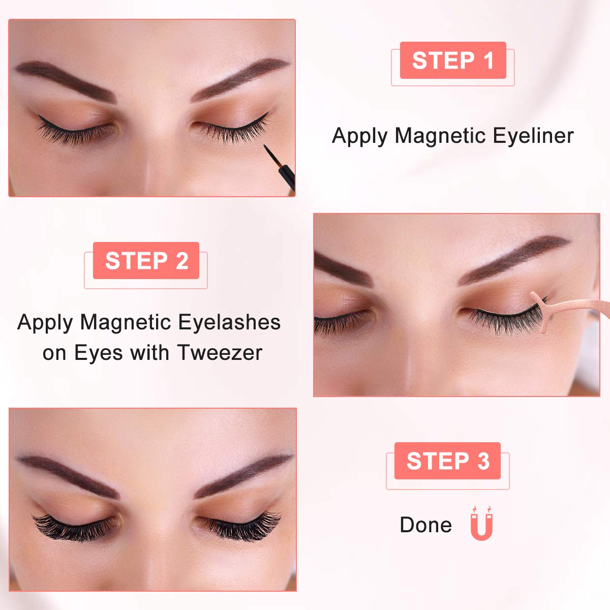 Brightup Magnetic Eyelashes with Eyeliner, 6 Pairs 3D Natural Look Reusable False Magnetic lashes, 2 Tubes Long Lasting Magnetic Eyeliner, Twinkle Mirror Box with Tweezers, Ideal For Gift