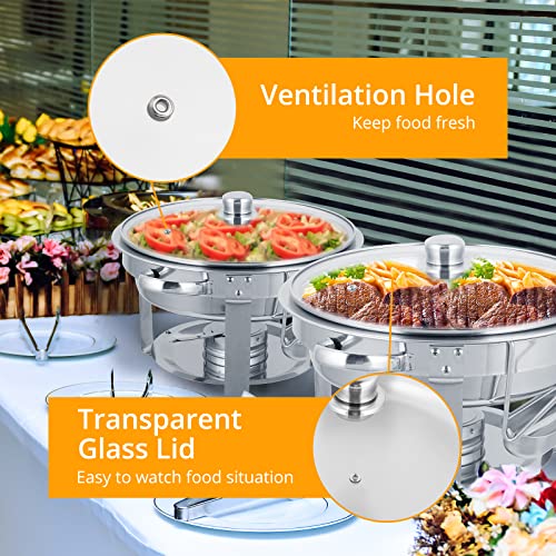 ROVSUN 5Qt 4 Pack Chafing Dish Buffet Set, Stainless Steel Round Chafers for Catering, Buffet Servers and Warmers Set with Glass Lid & Lid Holder, Thick Stand Frame for Wedding Party Banquet Event