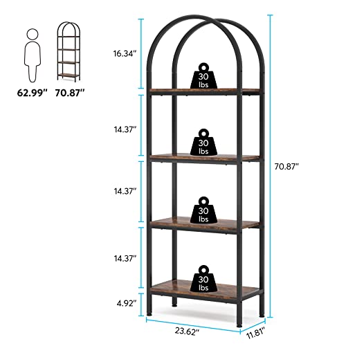 LITTLE TREE 4-Tier Arched Bookshelf, Tall Open Bookcase Storage Shelves, Wood Metal Freestanding Display Rack Tall Shelving Unit for Home Office, Bedroom, Living Room, Rustic Brown