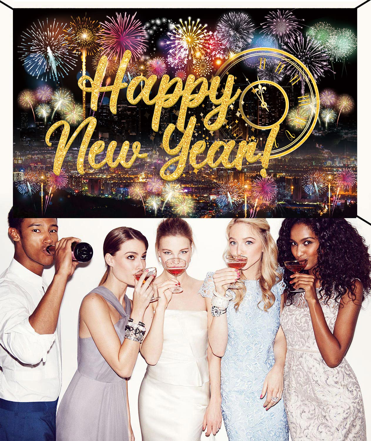 Famoby Happy New Year Fabric Sign Poster Backdrop with Fireworks for New Year Photo Booth Background Party Decoration