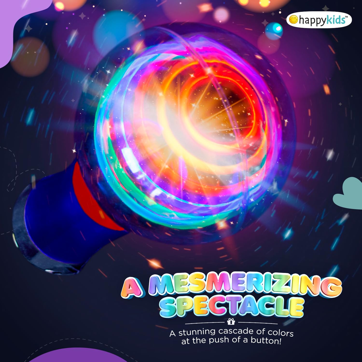 Happy Kids LED Magic Orb Wand Toy - Color Changing Star Globe - Spinning Fun - Great Sensory Toy for Kids with Batteries and Strap