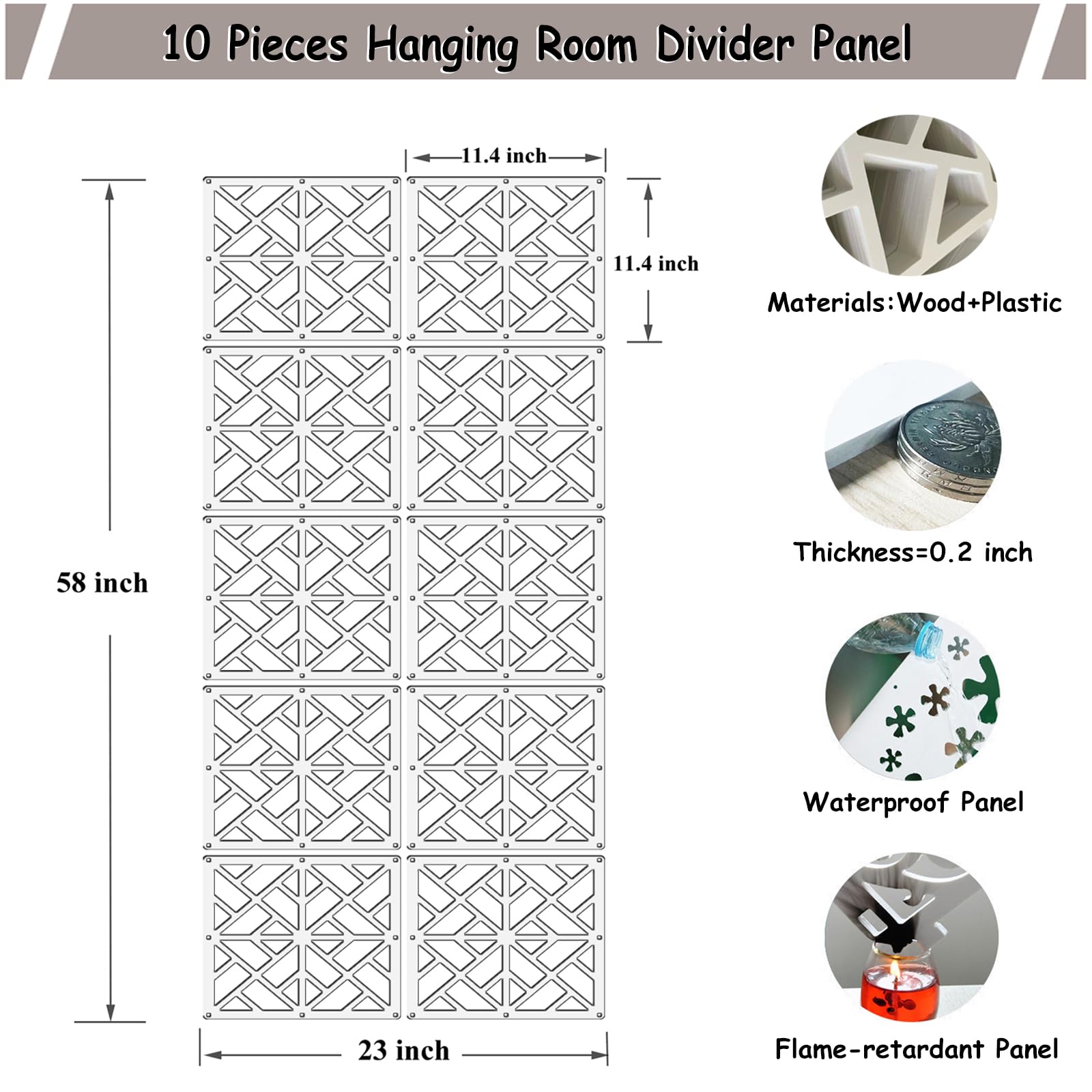 Lchen Hanging Room Divider,10 Pieces Wood-Plastic Hanging Panels 0.2“Thick Screen Panel for Living Room Bedroom Home Decoration(SG,11.4"X11.4")