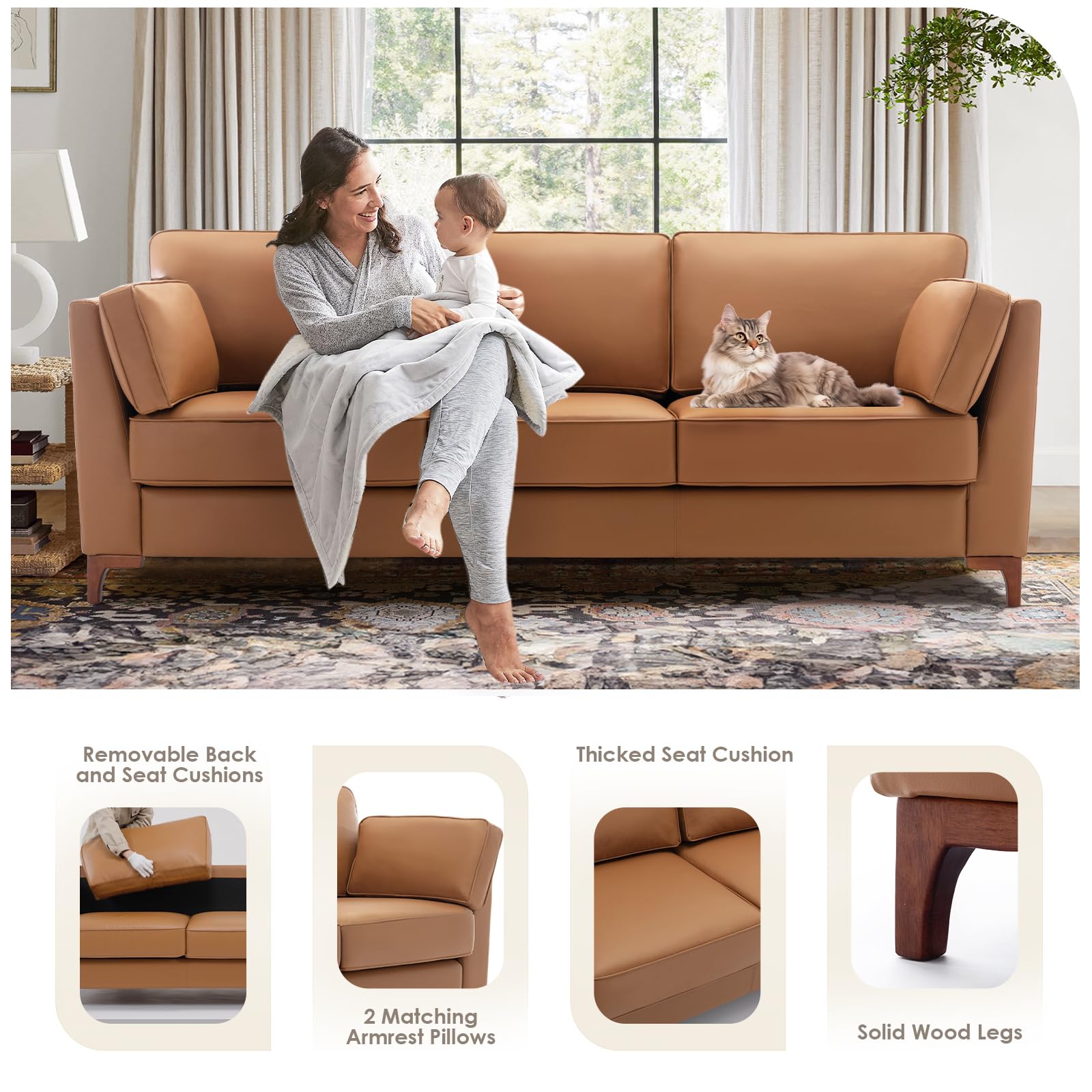 COLAMY 93" Mid-Century Modern Faux Leather Sofa,Oversized 3-Seater Couch with Comfy Cushions and Wood Legs for Living Room, Bedroom, Office, Apartment, Brown