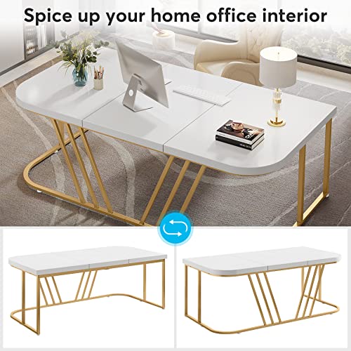 LITTLE TREE 63 inches Executive, Home Office Computer Desk Modern Glod Large Conference Table with Metal Frame, Gold & White