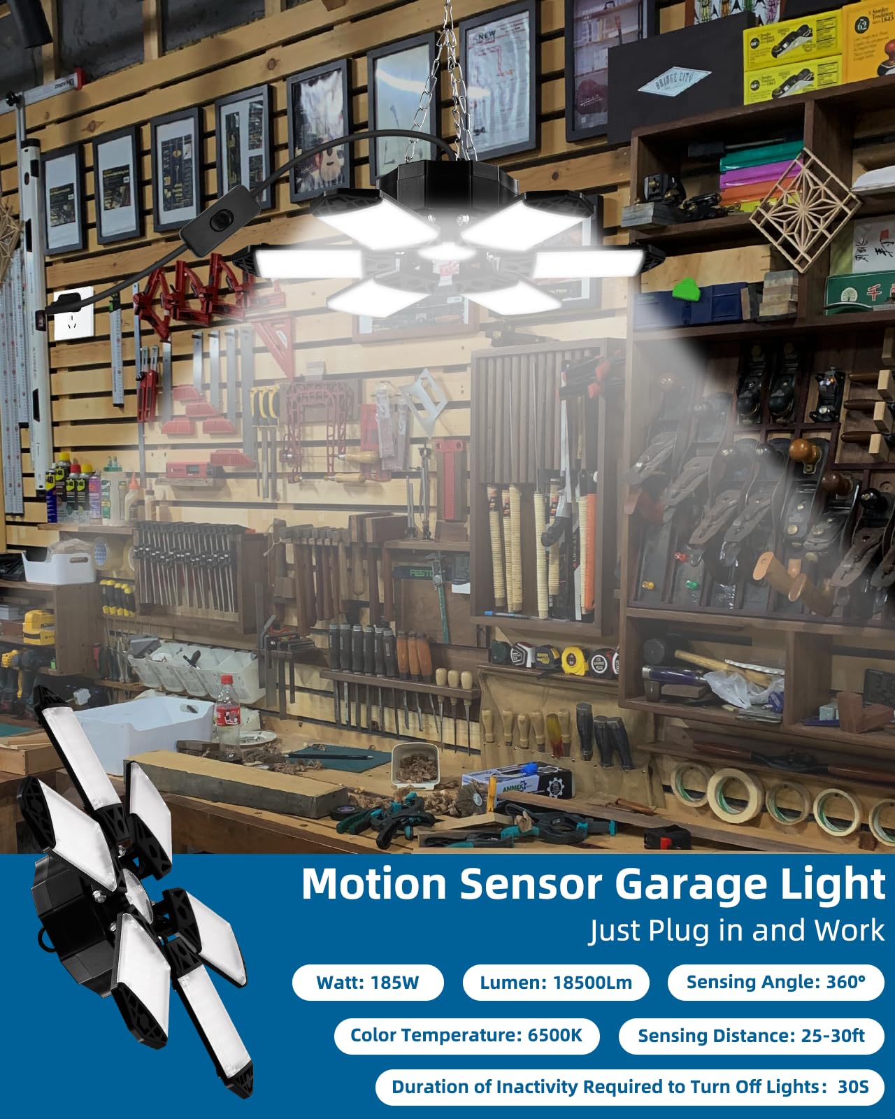 FAMURE Garage Light with Motion Sensor, 185W LED Ceiling Shop Lights Plug in, 18500Lm Super Bright 6000K Motion Indoor Lamp with 6 Deformable Panels, Linkable Ceiling Garage Lights for Warehouse