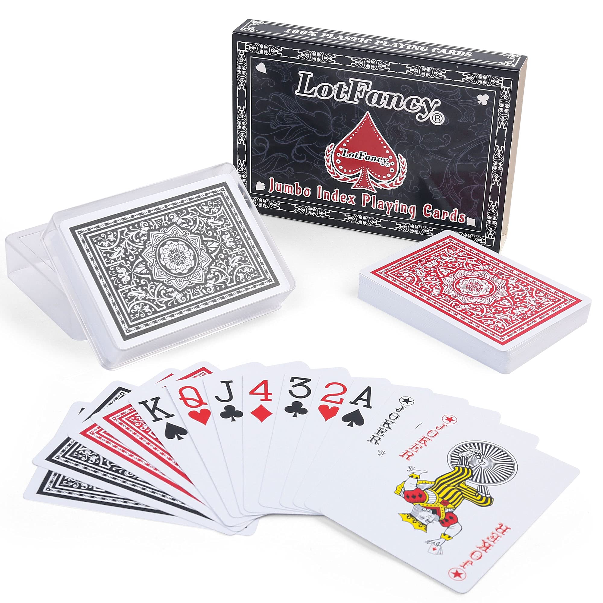 LotFancy Playing Cards, 100% Plastic, Waterproof - 2 Decks of Cards with Plastic Cases, Poker Size Standard Index, for Magic Props, Pool Beach Water Card Games