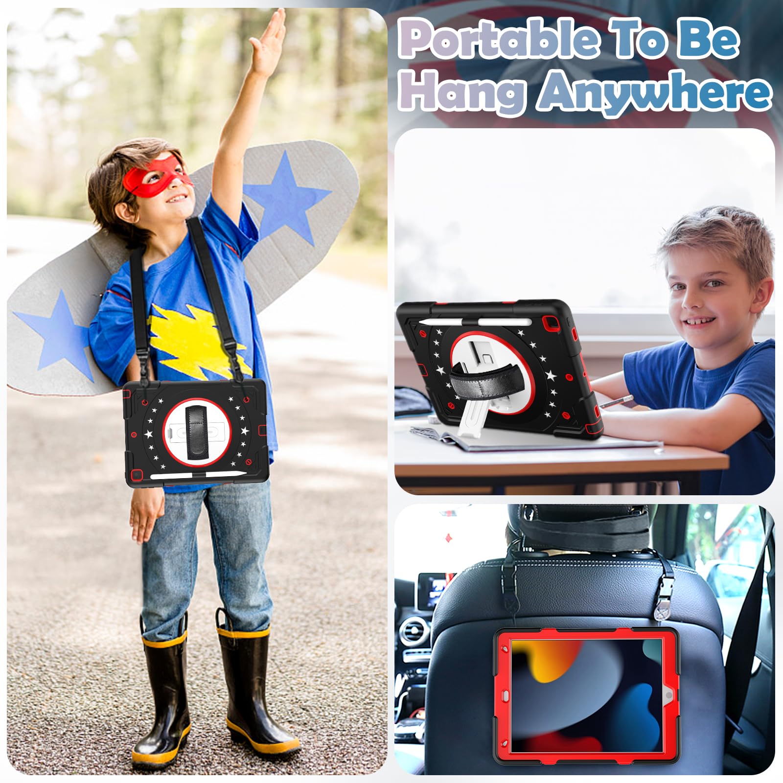BMOUO iPad 9th/8th/7th Generation Case, iPad 10.2 Case - with Tempered Glass Screen Protector, 360 Rotating Stand, Shoulder Handle Strap & Pencil Holder Kids Case for iPad 10.2” 2021/2020/2019, Blue