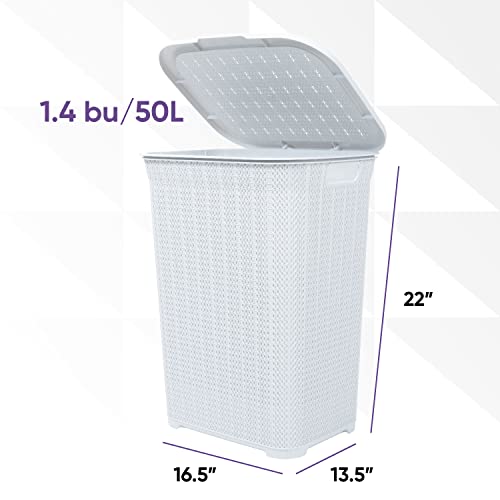 Wicker Laundry Hamper With Lid 50 Liter - White Laundry Basket 1.40 Bushel Durable Bin With Cutout Handles - Easy Storage Dirty Cloths in Washroom Bathroom, Or Bedroom. By Superio