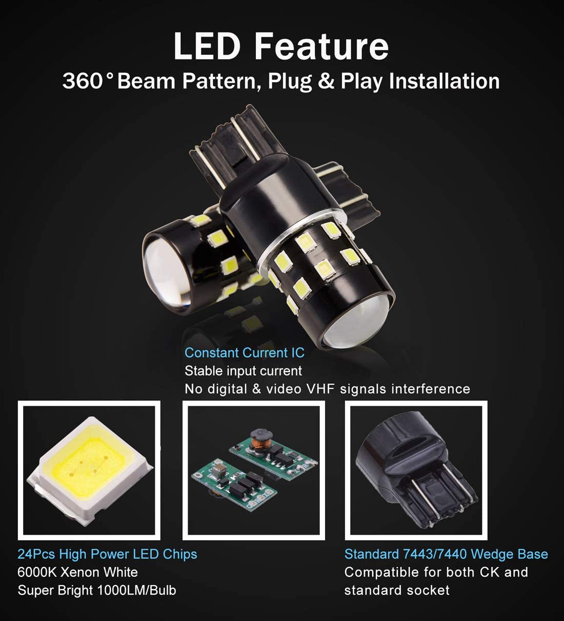 BRISHINE 4-Pack 1000 Lumens Super Bright 7440 7443 7441 7444 W21W LED Bulbs 6000K Xenon White 24-SMD LED Chipsets with Projector for Backup Reverse Lights, Parking Lights, Daytime Running Lights