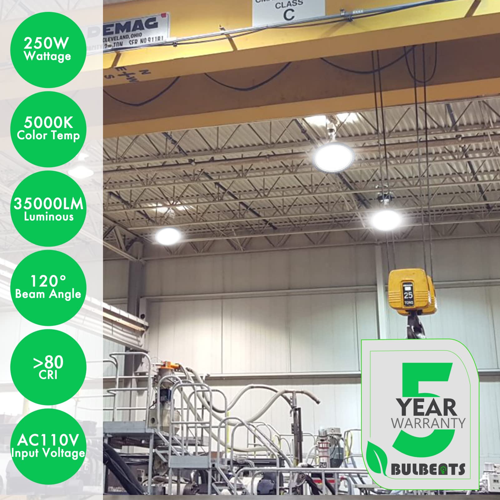 bulbeats 2Pack 250W UFO LED High Bay Light, 35000lm (Eqv.1000W MH/HPS) High Bay LED Lights, 5000K Commerical Bay Lighting, IP65 LED High Bay Shop Light with US Plug for Warehouse/Wet Location