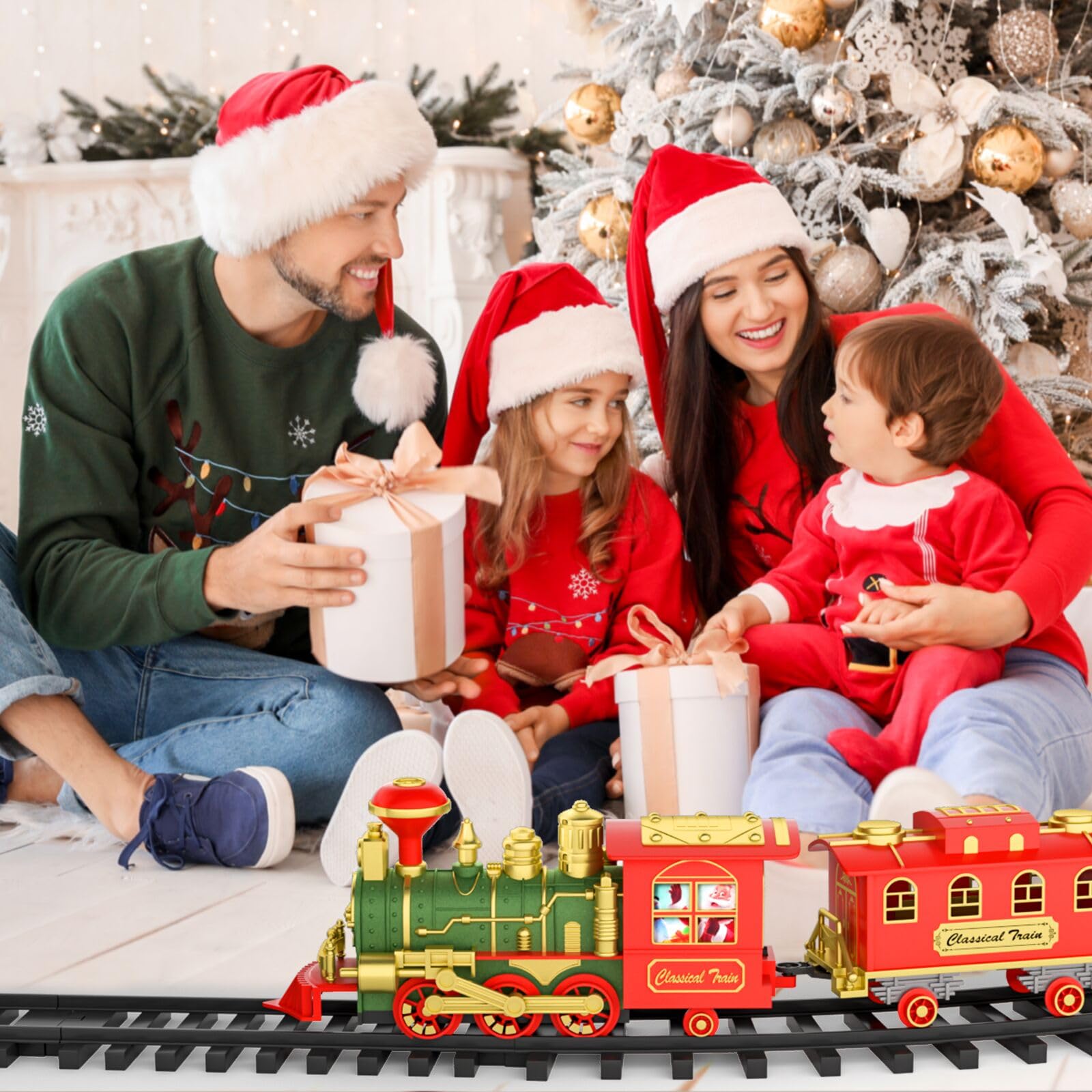 Christmas Train Set, Electric Train Around Tree w/Smoke Light & Sound for Kids Train Toy, Steam Locomotive Engine, Cargo Car and Train Tracks