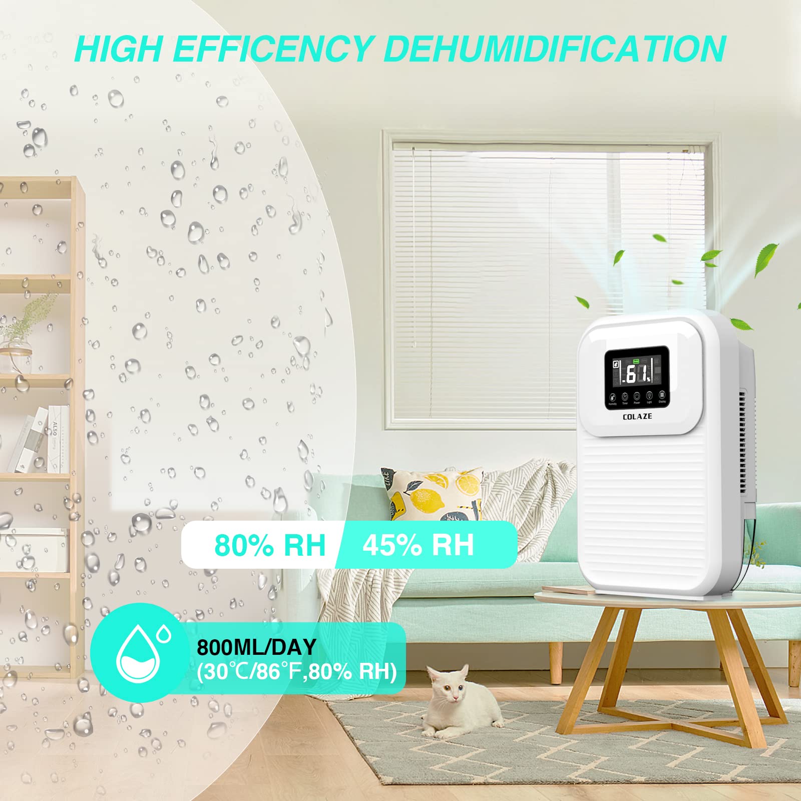 COLAZE Dehumidifiers for Small Spaces Dehumidifier Up to 500 Sq.ft with LED Display, Humidity Setting, Timer, Auto Shut off, Defrost Functions