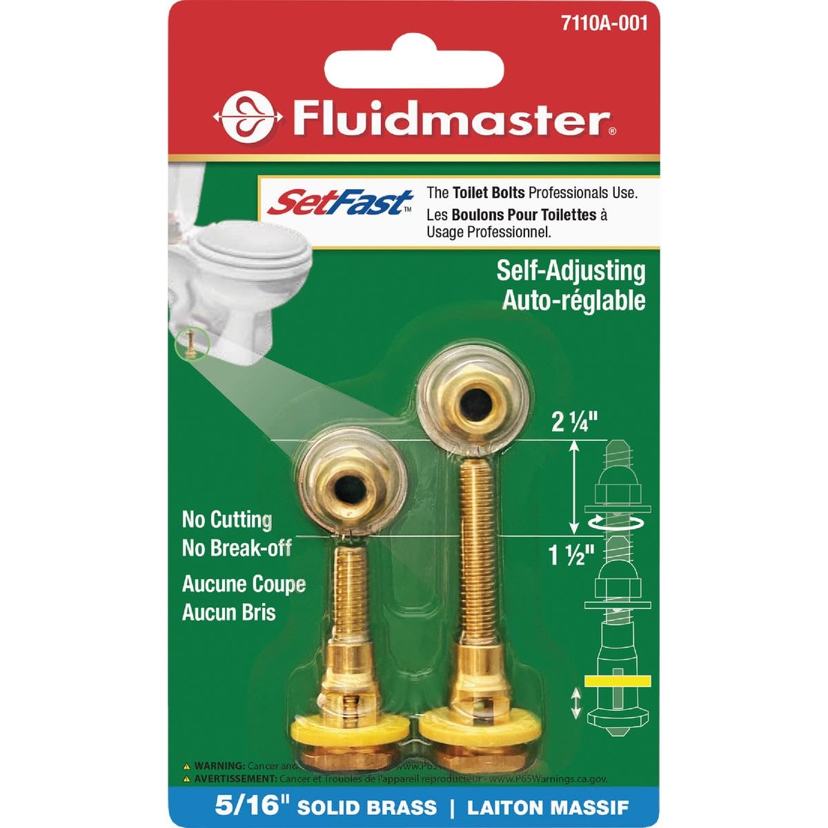 Fluidmaster 7110A-001-P10 Setfast Self-adjusting Toilet Bowl To Floor Bolts, 5/16 In. x 1-1/2 to 2-1/4 In, Brass