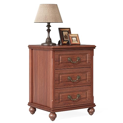 LITTLE TREE Nightstand with 3 Drawers Mid-Century Modern Night Stand with Storage, Traditional Antique Bedside Bedroom, Wood Side End Table for Living Room, Cherry