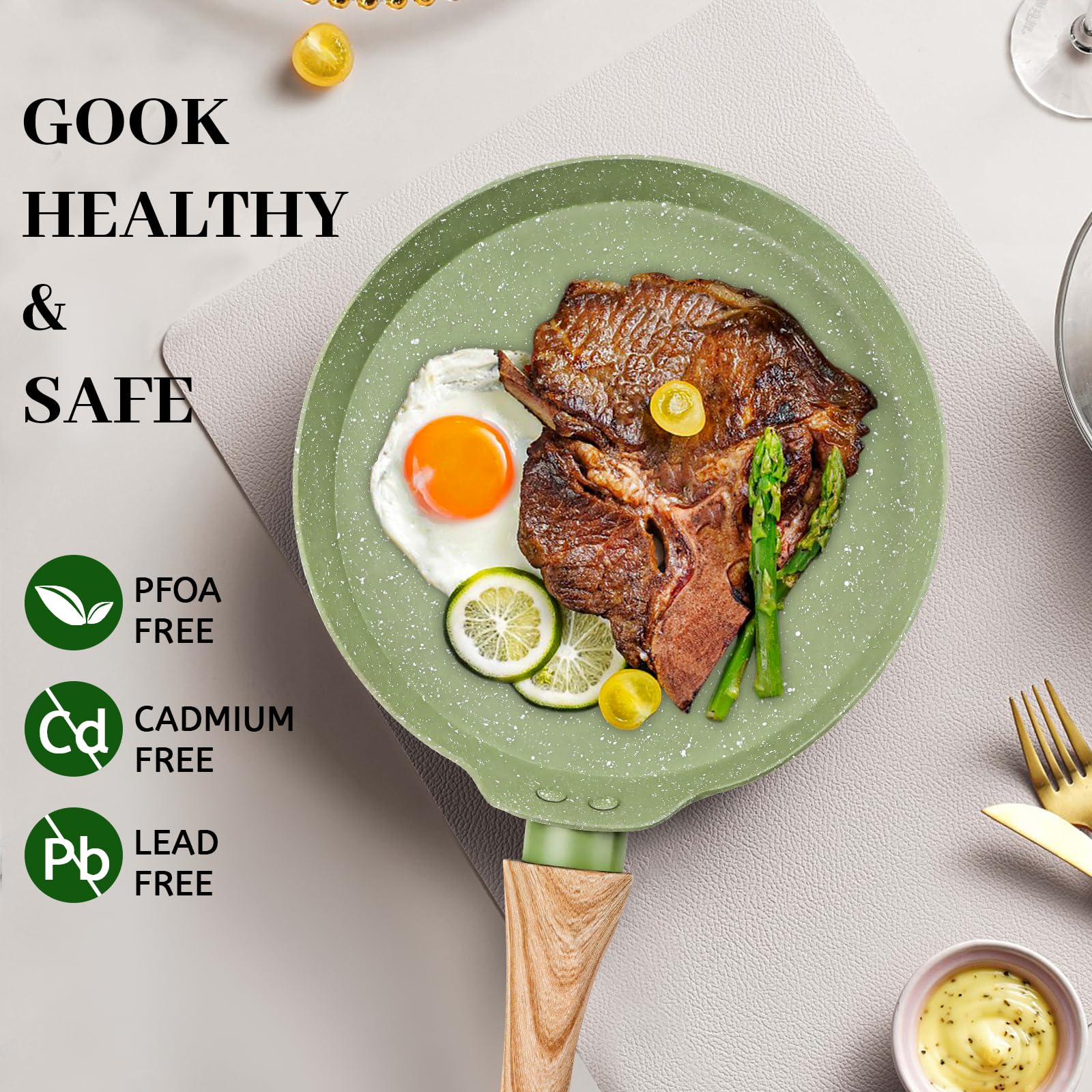 FTNESGYM Egg Pan Frying Pan Set, 7" 8.5" and 10" 3 Pieces Nonstick Crepe Pan Set, Omelet Pans, Flat Pan for Tortillas, Omelette, Pancake, Gas Stove Induction Compatible (Green)