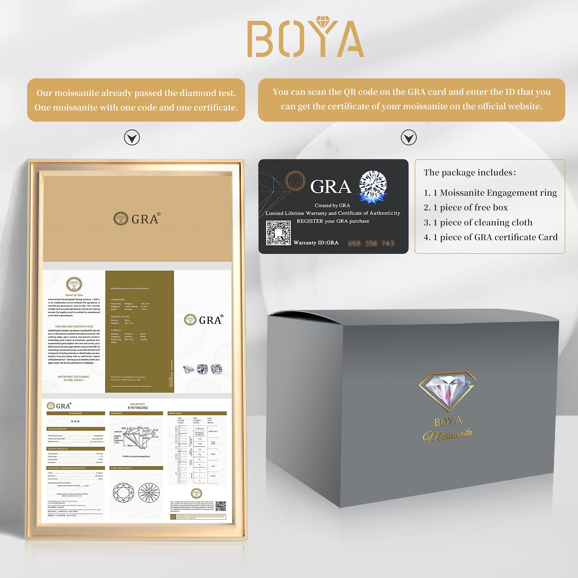 boya 1.0 Carat Moissanite Ring, Platinum Plated Sterling Silver Round Cut Solitaire Ring for Women, Engagement, Promise, Wedding Ring