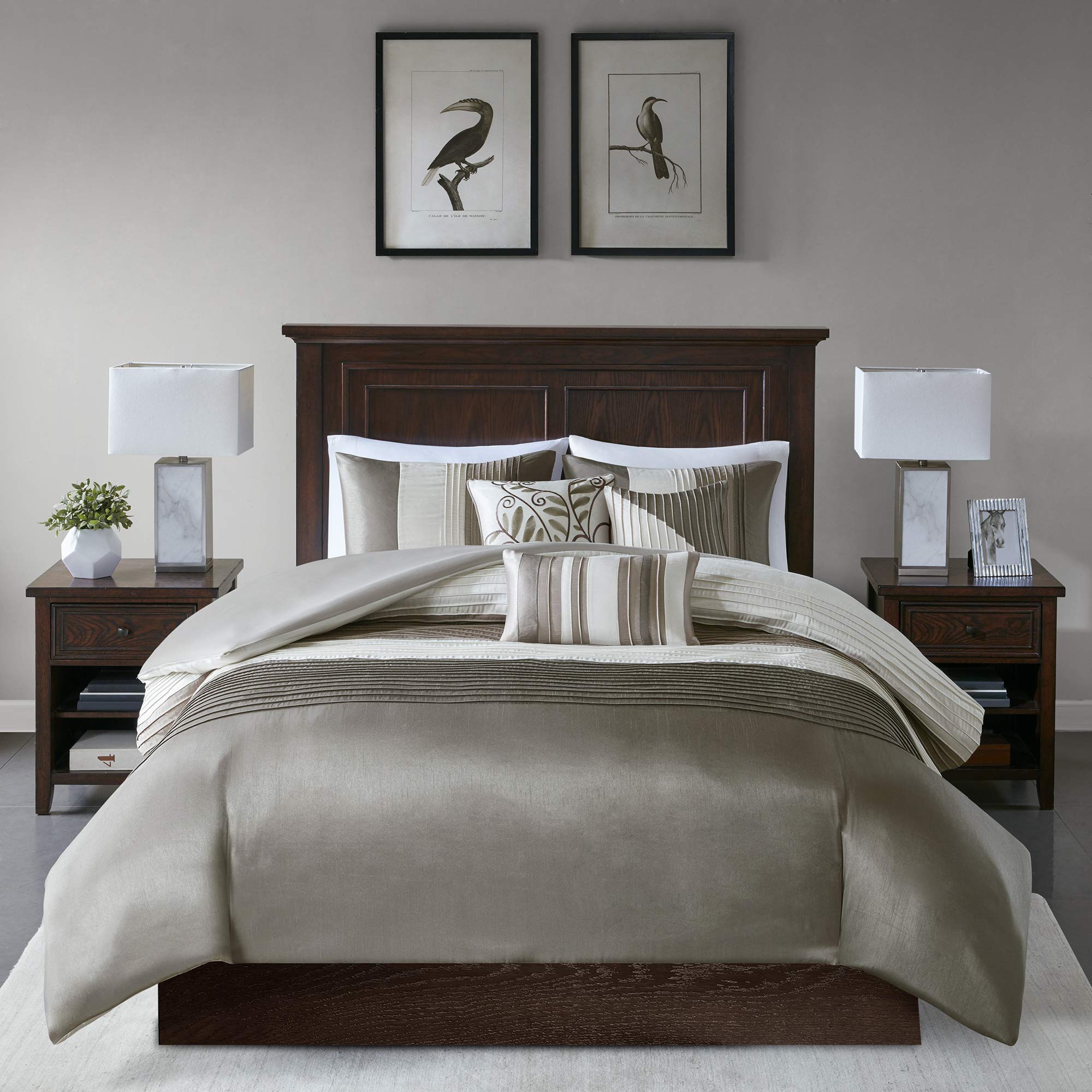 Madison Park Amherst Size-Khaki, Ivory, Stripes Duvet Set β 6 Piece β Ultra Soft Microfiber Light Weight Bed Comforter Covers, King/Cal King(104"x92"), Natural