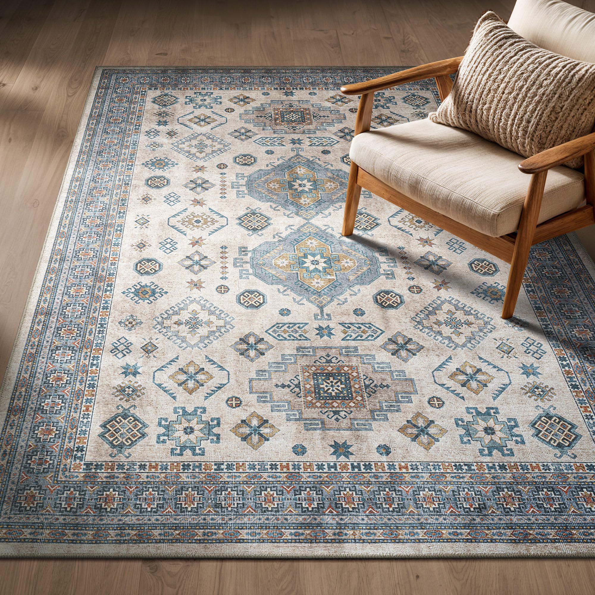 Luria Rugs Easy Care 6' x 9' Non-Slip Large Area Rug for Living Room, Bedroom, Dining Room, Playroom - Moroccan Vintage, Moreno Collection - Ivory/Blue
