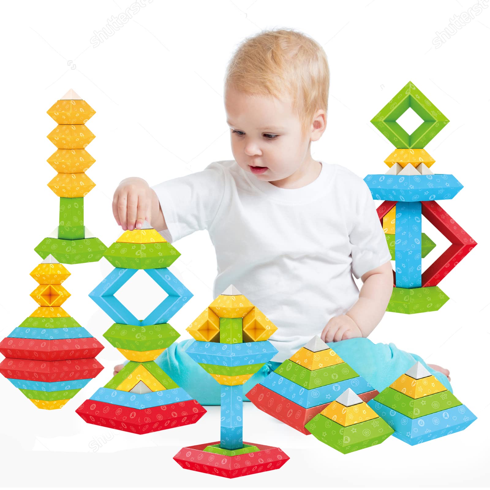 Building Blocks Stacking Toys for Kids, Stacker Toy 3D Puzzle Stem Toys Pyramid Speed Cube, Creative Preschool Learning Educational Toys for 3 Years and up Boys & Girls (30 Pcs)