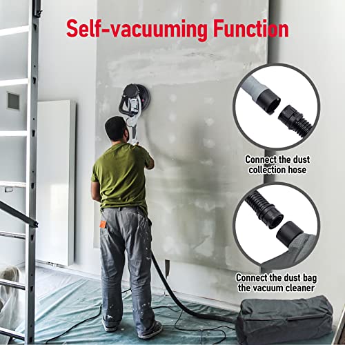 Drywall Sander, 800W Electric Motor Sander with Automatic Dust Removal System, Variable Speed 800-1800RPM With LED Light, Extendable & Foldable Handle, 12 Pcs Sanding Discs and Carrying Bag