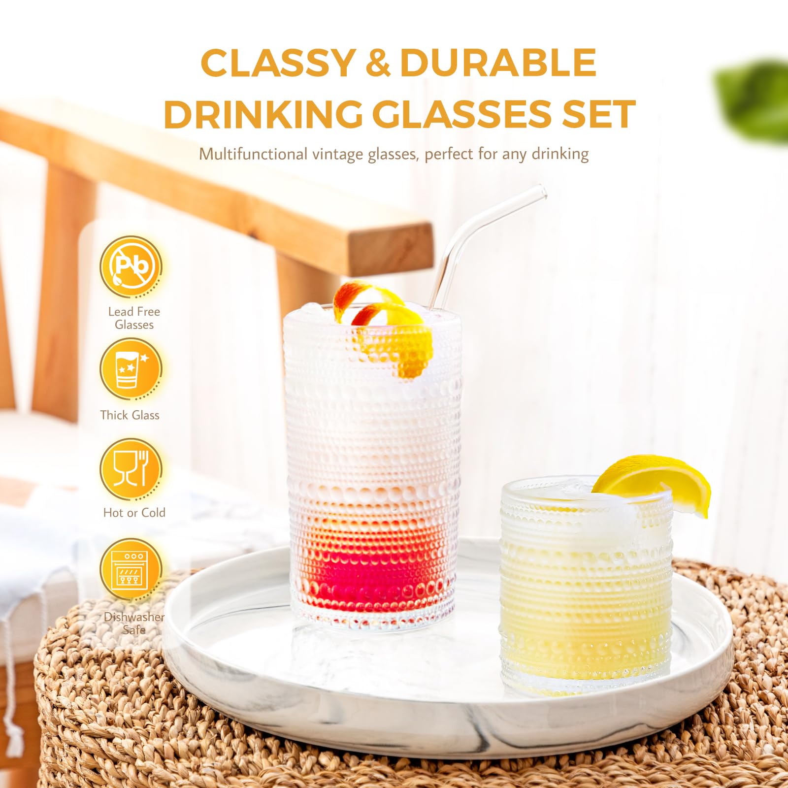 FULGNU Hobnail Drinking Glasses Set of 12, 11.8 oz Vintage Glasses Drinking Set & 10 oz Cocktail Glasses Set, Embossed Glass Cups for Kitchen, Beer, Juice, Cocktail, Whiskey, Milk