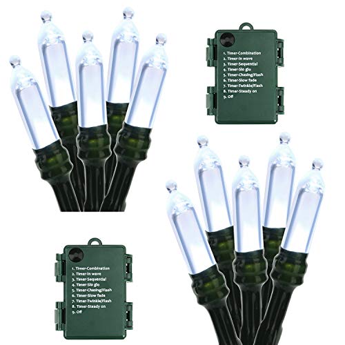 BrizLabs Battery Operated String Light with Timer, 17.94ft 50 LED Battery Christmas Light Green Wire, 8 Mode Clear Tree Light for Valentine's Day/Wreath/Indoor/Outdoor/Garden Decor, Cool White, 2 Pack