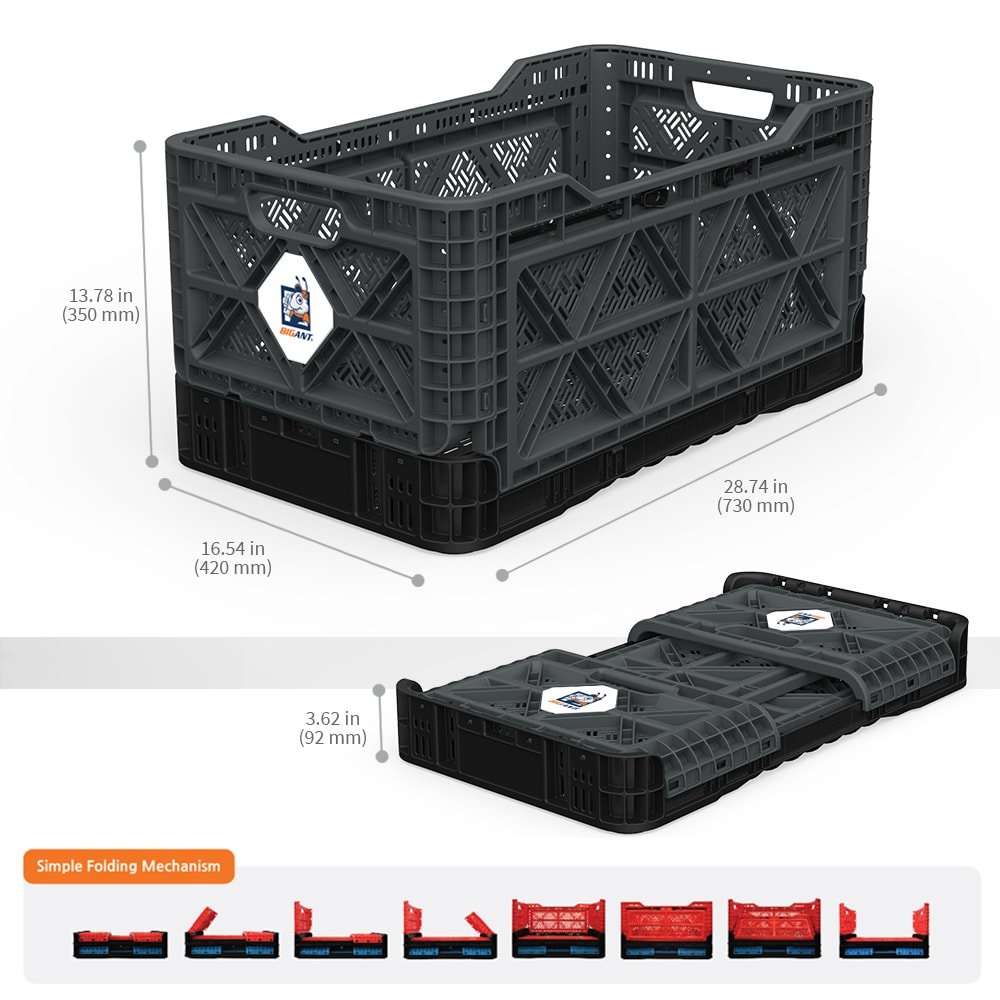 Bigant Heavy Duty Collapsible & Stackable Plastic Milk Crate - Snap Lock Foldable Industrial Garage Storage Bin Container Utility Tote Basket (Blue, 1 Large Crate)