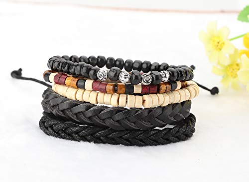 MILACOLATO 26Pcs Woven Braided Leather Bracelet for Men Women Hemp Cords Wood Beads Cuff Bracelets Adjustable Black
