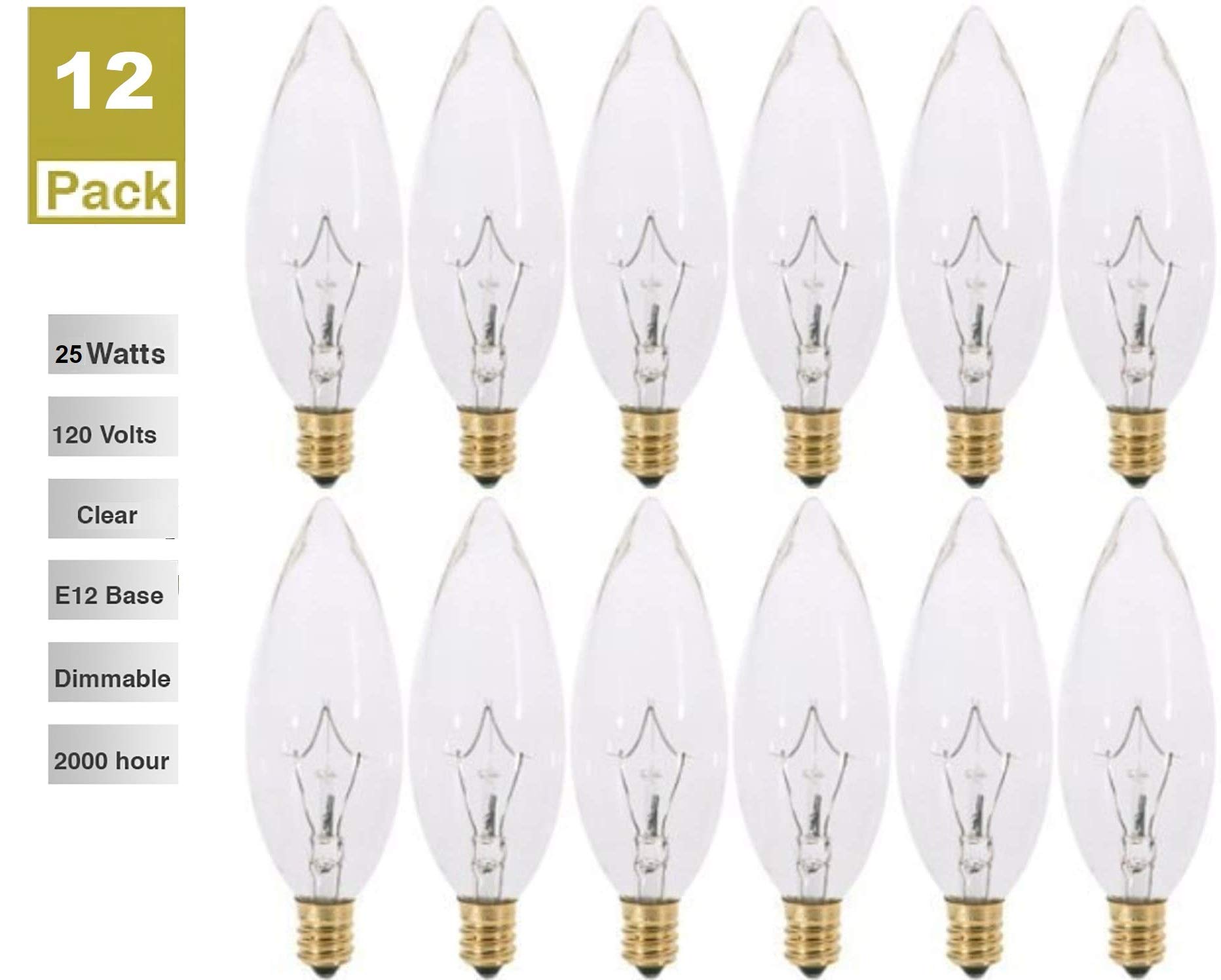 BULBMASTER Blunt Tip Decorative Candle Light Bulbs CTC Chandelier Bulbs Torpedo Tip Incandescent Light Bulbs, E12 Candelabra Light Bulb Base, Soft White, Pack of 12 (25W-TORPEDO-12PK)
