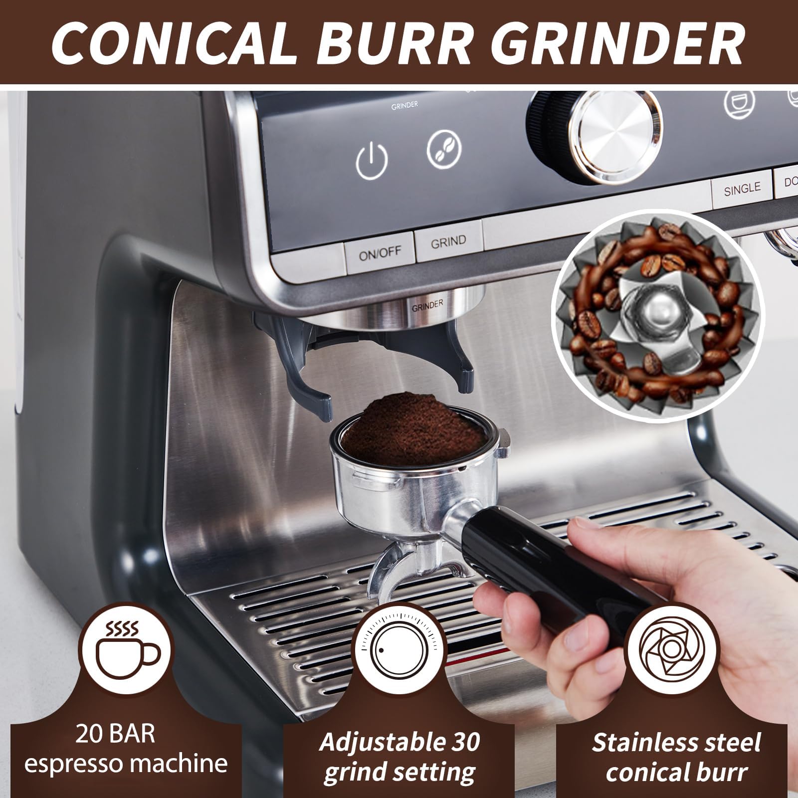 Espresso Machine With Grinder And Frother,20 BAR Professional Espresso Maker,Coffee Machine Espresso With Fast Heating System Making Cappuccino Latte for Home Office