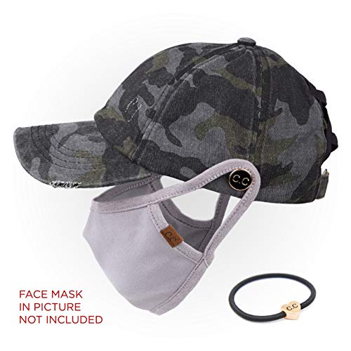 C.C Washed Denim Criss-Cross Ponytail Cap Epoxy Button for face mask (Face Mask not Included) (BT-799) (Black Camo)