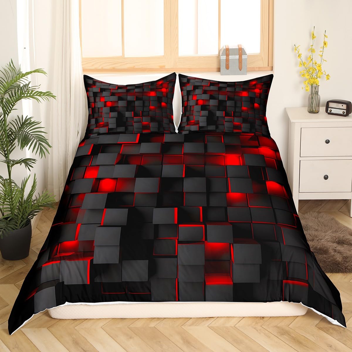 Feelyou Red and Black Bedding Duvet Cover Set Twin Size Light Geometric Bedding Set for Kids Boys Girls Geometry Decor Comforter Cover Set Modern Bedspread Cover