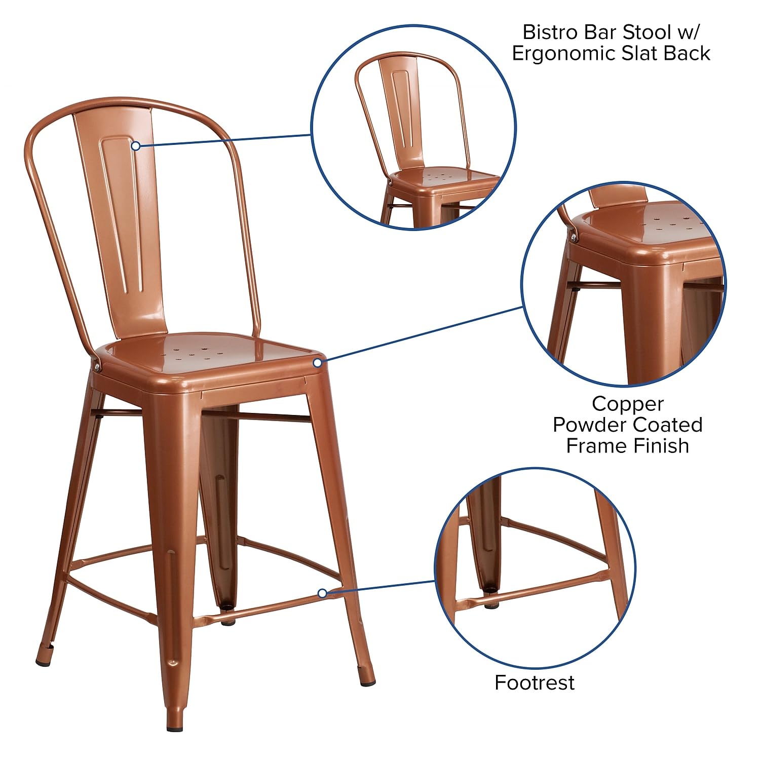 Flash Furniture Carly Commercial Grade 24" High Copper Metal Indoor-Outdoor Counter Height Stool with Back
