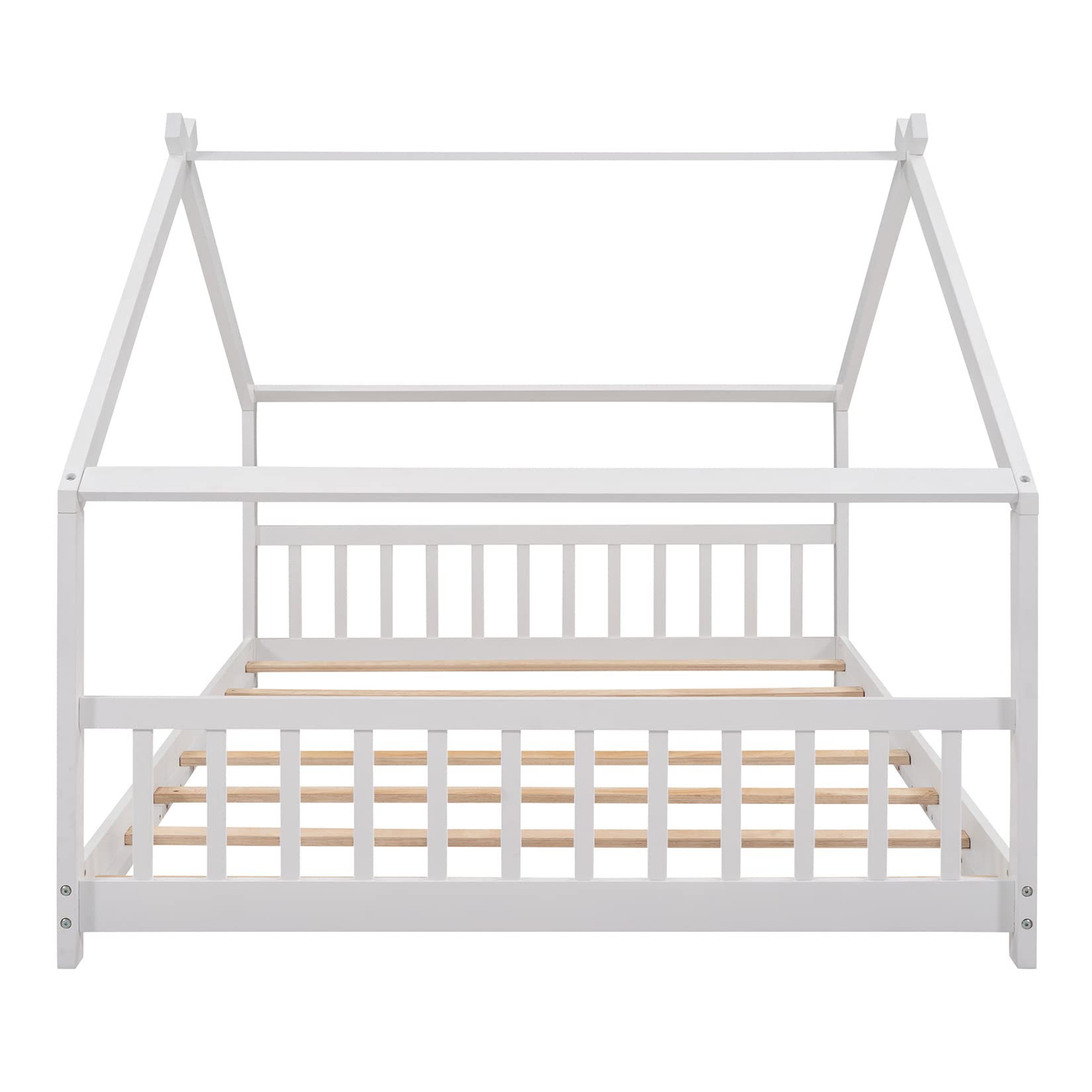 Full House Beds White Montessori Bed Wood Frame Kids Platform Bed with Headboard & Footboard for Children Boys Girls Teens