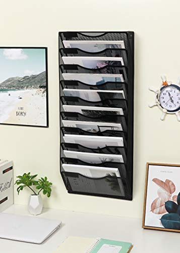 EasyPAG 10 Tier Wall File Organizer Office Mesh Metal Hanging File Folder Holder Magazine Rack, Black