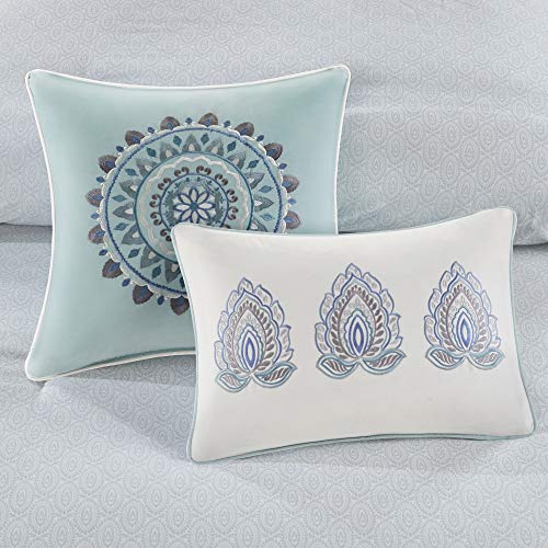 Madison Park Season Set, Matching Bed Skirt, Decorative-Pillows, Queen(90"x90"), Isla, Floral Medallion Blue 8 Piece