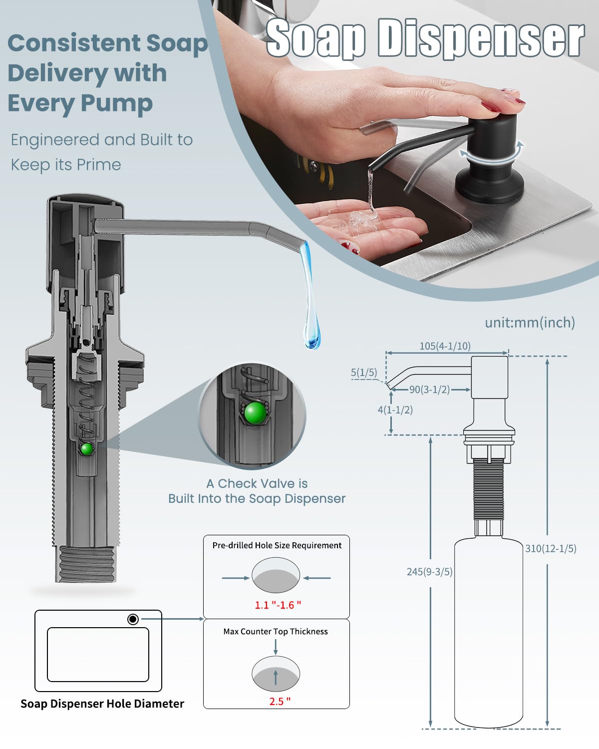 Casavilla Kitchen Faucet with Soap Dispenser, Single Handle Spring Kitchen Sink Faucets with Pull Down Sprayer and Deck Plate,Black Faucet for Camper Farmhouse RV Kitchen Sink,Dual Function Spray Head