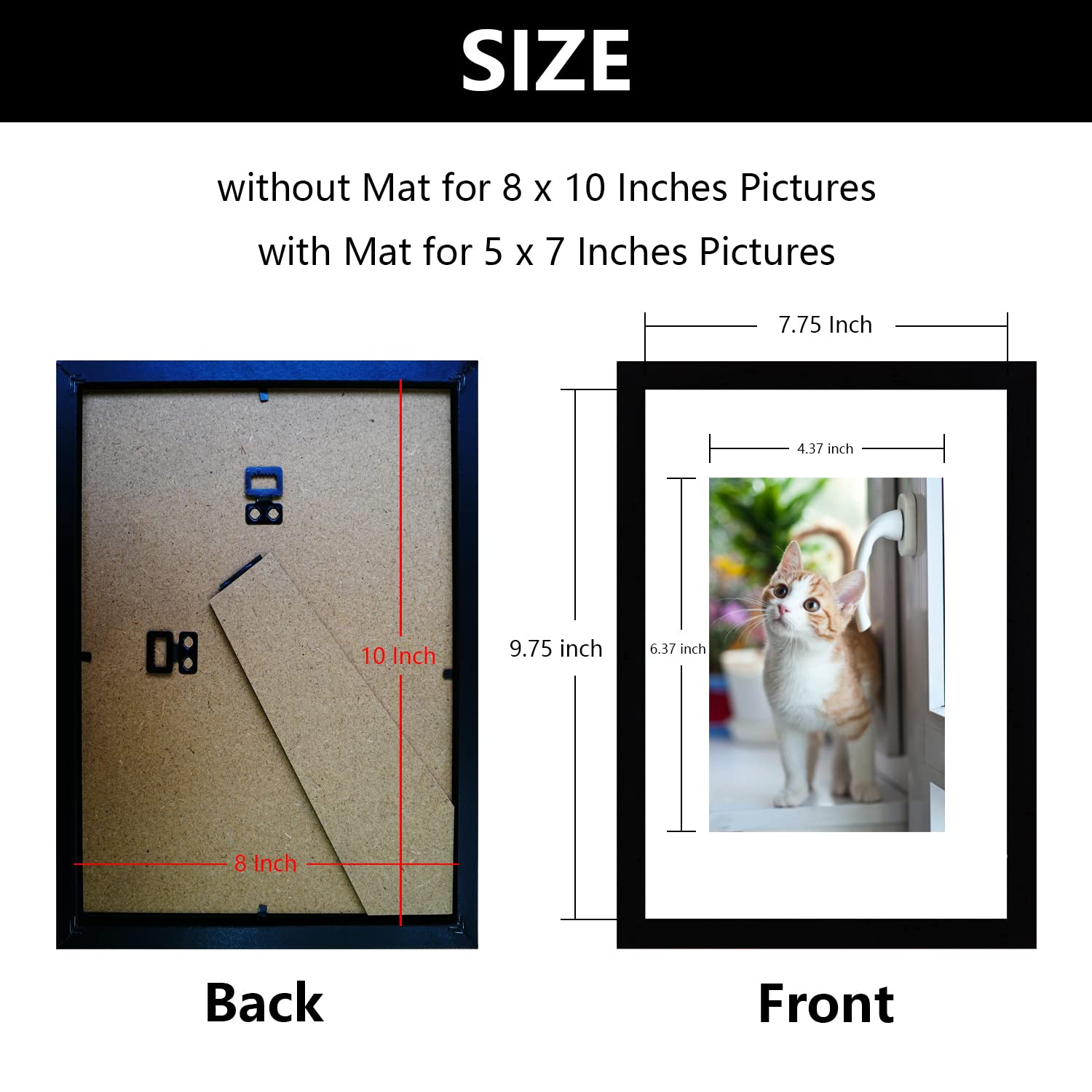 BOANKODU 8x10 Picture Frame Set of 2, Made of High Definition Transparent Plastic for 5x7 with Mat or 8x10 Without Mat, Wall Mounting Photo Frames, Black