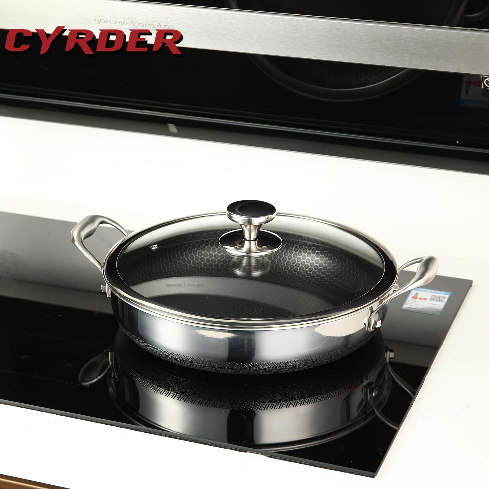 Cyrder Hybird Nonstick Deep Frying Pan-13.5inch 316L Stainless Steel Sauté Pan and Lid