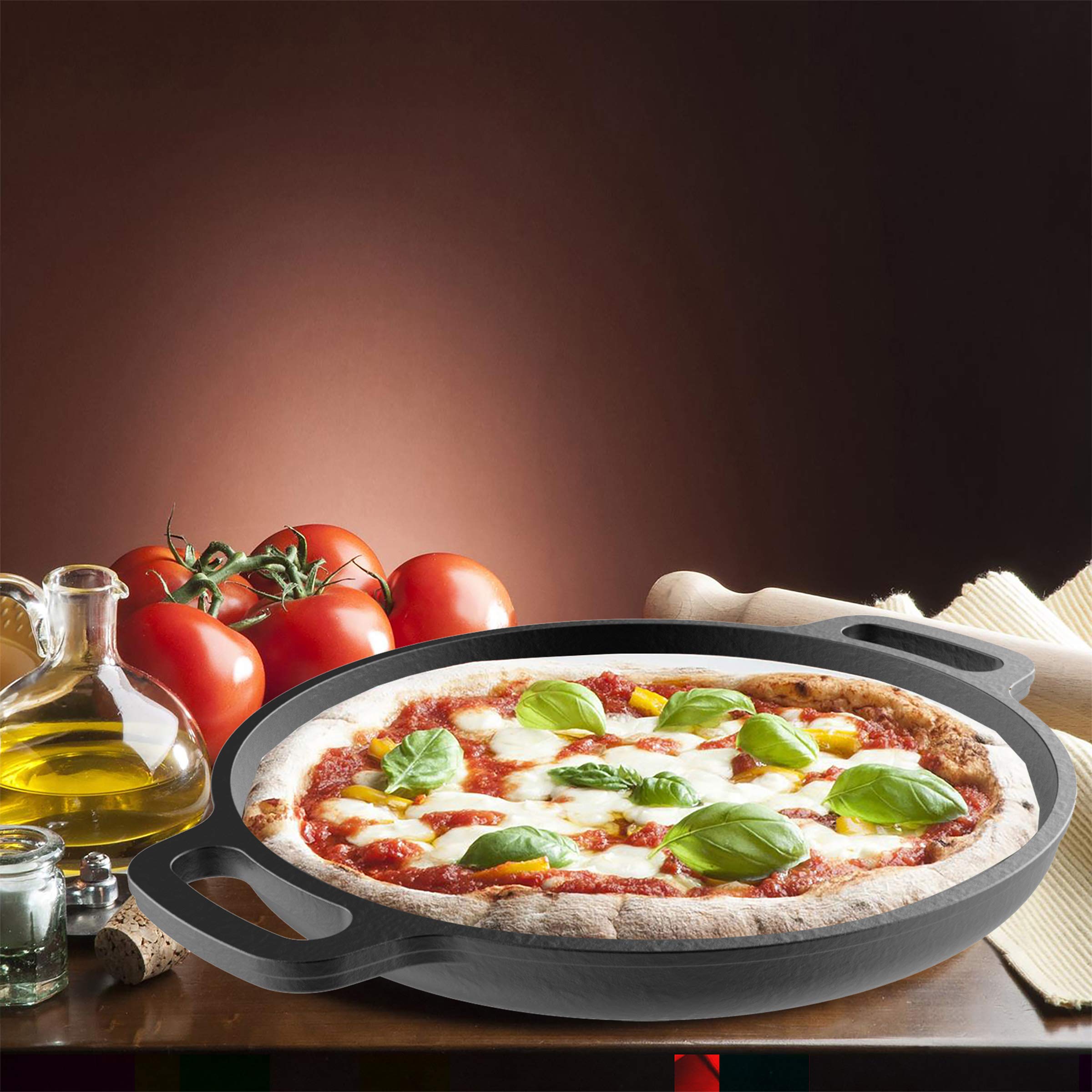 Classic Cuisine Cast Iron Pizza Pan-13.25 Pre-Seasoned Skillet for Cooking, Baking, Grilling-Durable, Long Lasting, Even-Heating Kitchen Cookware, (82-KIT1089)