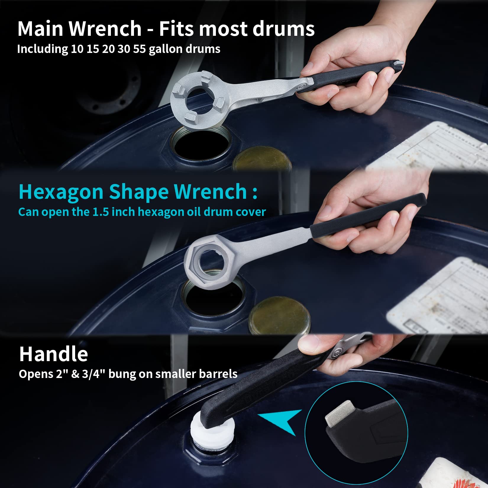 DURATECH Aluminum Drum Wrench, 3-in-1 Bung Wrench, Barrel Opener Tool for Opening 10 15 20 30 55 Gallon Drum, Fits 2" and 3/4" Plastic Bung Cap