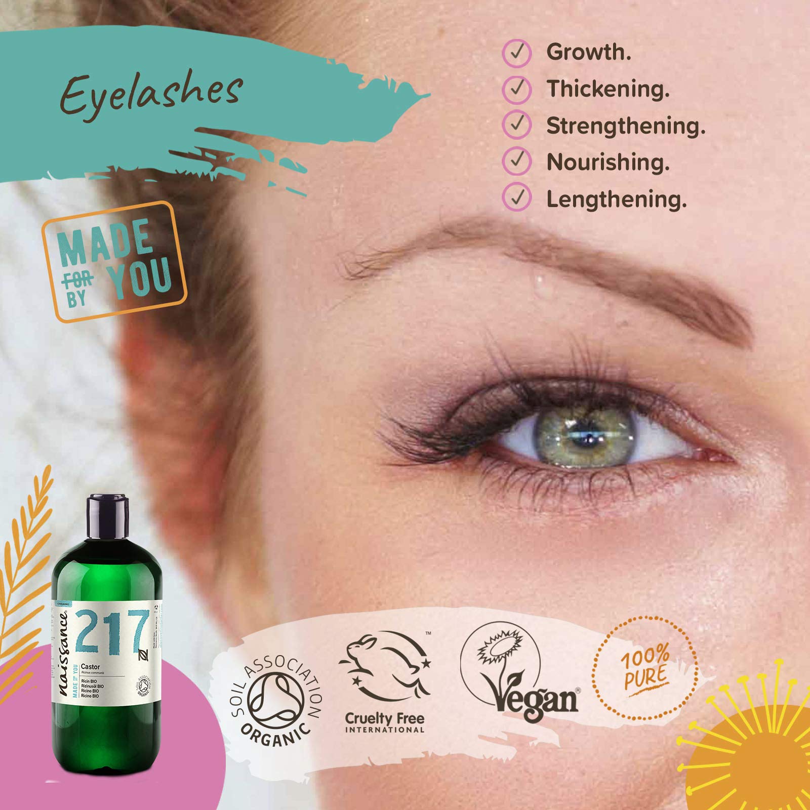 naissance Certified Organic Cold Pressed Castor Oil 16 fl oz - For Hair, Beard, Eyelashes, Eyebrows, Nails and Skin - Pure & Natural, Virgin, Unrefined, Vegan, Hexane-Free, Non GMO, Cruelty Free