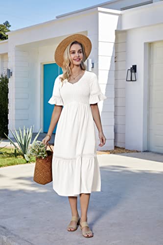 GRACE KARIN Women's V Neck Short Bell Sleeve Smocked Tiered Dress Elastic Waist Lace Patchwork Ruffle Dress White XL