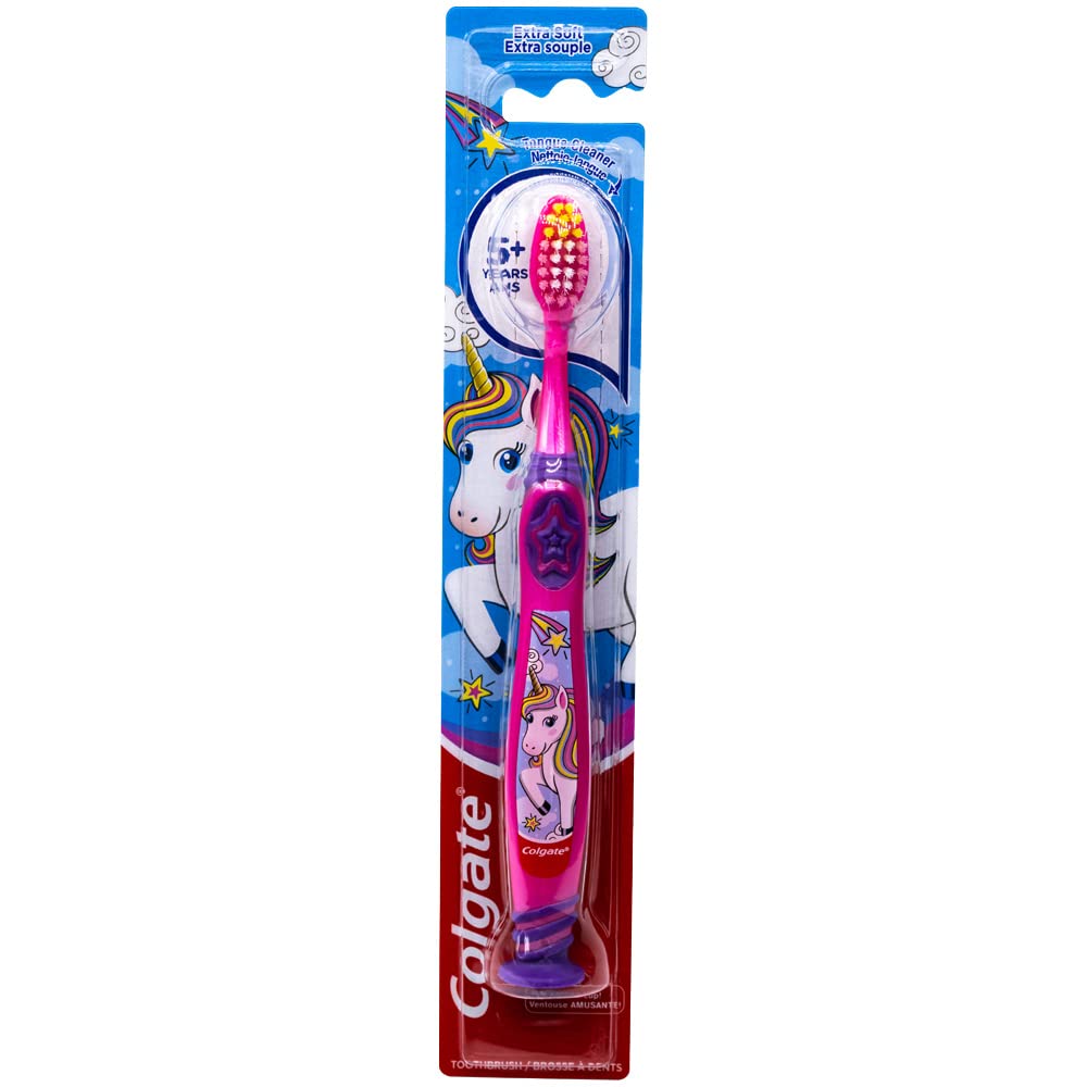 Colgate Kids Unicorn Toothbrush with Suction Cup for Children 5+ Years Old, Extra Soft (Colors Vary) - 1 Count